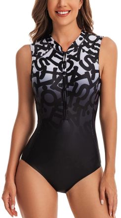 Feoya Damen One Piece Rash Guard Zip Up Badeanzug Ärmellose Surfen Bademode Zip Front Schwimmen Kostüm Sonnenschutz Gedruckt Einteilig Badeanzug Wetsuit Bad