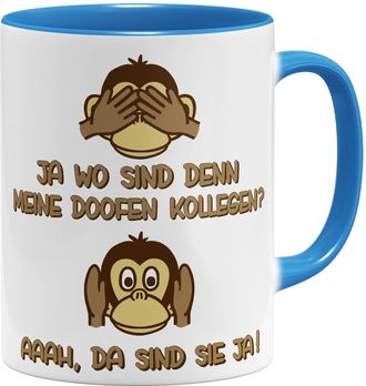 OM3 Lustige Arbeitskollegen Kaffee-Tasse mit Spruch - Büro Doofe Kollegen - Keramik Becher - 325ml - Beidseitig Bedruckt - Hellblau
