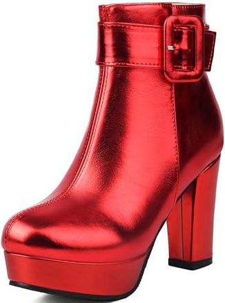 SJJH Bottes de cheville avec fermeture &eacute;clair lat&eacute;rale | Bottes pour femme pour occasions sp&eacute;ciales, talon de 9,5 cm, mat&eacute;riau brillant, polyvalent, rouge,