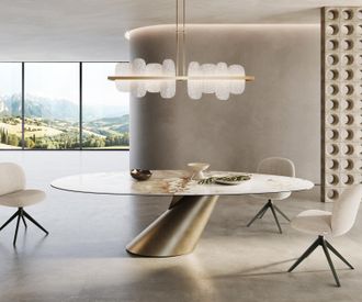 DELIFE Esstisch Edge Oval 280x130 Keramik Minas Melange Wei&szlig;-Beige Cono Metallic Gold, Esstische