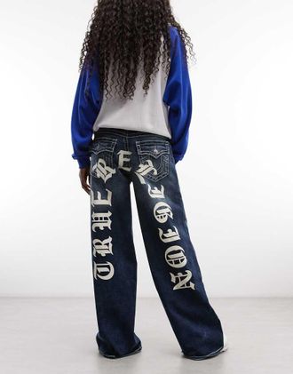True Religion Jessie Super-Baggy Big T Jeans mit Pattentaschen in Acid-Wash-Blau