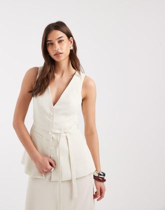 4th & Reckless Gilet de tailleur long &agrave; col en V - Cr&egrave;me-Blanc