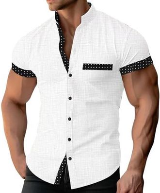 Generic Chemise &agrave; col boutonn&eacute; &agrave; manches longues pour homme, chemise en lin de couleur contrast&eacute;e, chemise tendance, chemise vintage classique, haut confortab