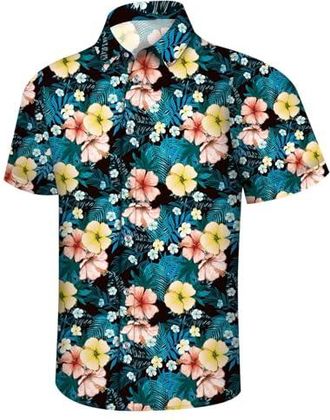 Generic Chemise hawa&iuml;enne &agrave; manches courtes pour homme - Sans plis - Boutonn&eacute;e - &Eacute;vacuation de lhumidit&eacute; - S&eacute;chage rapide - Imprim&eacute; d&eacute;contract&eacute; - Haut color&eacute; 