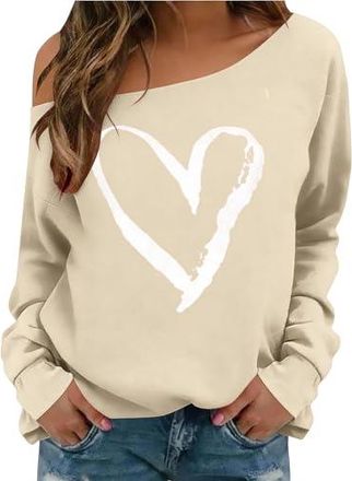 Generic Sweat-shirt &agrave; &eacute;paules d&eacute;nud&eacute;es avec imprim&eacute; coeur pour femme - Manches longues - Col rond - Pull d&eacute;contract&eacute; - Beige