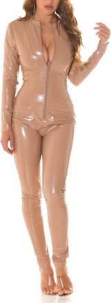 Koucla Langarm Wet Look Maxi Overall Long Catsuit V-Neck Jumpsuit mit Zipper Reißverschluss XL
