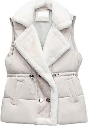 Generic Gilet chaud pour femme - Doudoune courte &agrave; double boutonnage - Sans manches - Col rabattable - Manteau uni, blanc, M