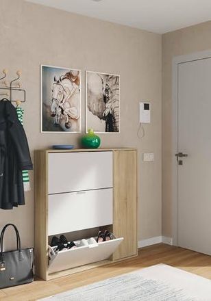 Dmora Provo Schuhregal, Schuhschrank mit 4 Türen, Mehrzweck-Unterschrank mit 5 Regalen, modernes Schuhregal, 106 x 22 x 115 cm, Eiche und Weiß