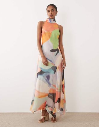 Asos Hochgeschlossenes Maxikleid aus Chiffon mit buntem abstraktem Print-Mehrfarbig