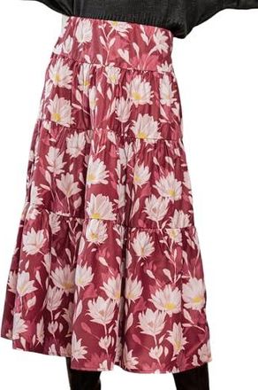 Cupshe Jupe midi pour femme - Motif floral - Taille haute - &Eacute;lastique - Volants, bordeaux, M