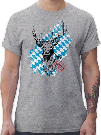Shirtracer T-Shirt Herren - Kompatibel Oktoberfest - Hirsch mit bayrischem Wappen - XXL - Grau meliert - trachtenshirt bayrische Trachtenmode t Shirt Octoberfest
