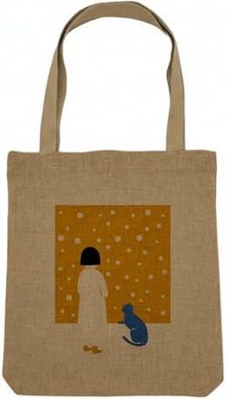 Fabulous Sac Shopping Tote Bag Aspect Lin - Petite Fille et son Chat Bleu Dessin Illustration - Sac de Courses Toile Epaisse 360g Beige Naturel Cabas Port&eacute; Epa