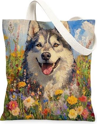 Generic Sac fourre-tout en toile motif chien malamutes de lAlaska pour le shopping, 33 x 38 cm, peinture &agrave; lhuile, motif chiot fleurs sauvages, sac d&eacute;picerie 