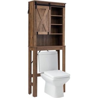 Costway Toilettenschrank mit Schiebet&uuml;r und 3-Fach verstellbaren Regalb&ouml;den, Toilettenregal Holz, Badezimmerregal freistehend, &Uuml;berbauschrank braun
