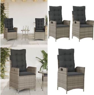 vidaXL Gartensessel mit Kissen 2 Stk. Verstellbar Grau Poly Rattan - Gartensessel - Sitzkissen