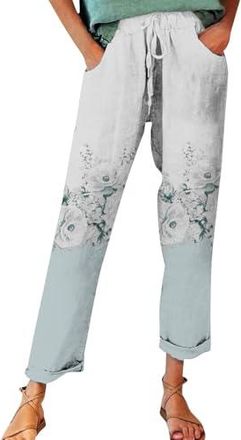 Generic Pantalon Femme Fluide en Lin Large Elegant Pantalon Court en Lin pour Femme Grande Taille Taille Haute Jambe Large Longueur Cheville Ray&eacute; pour La Plag