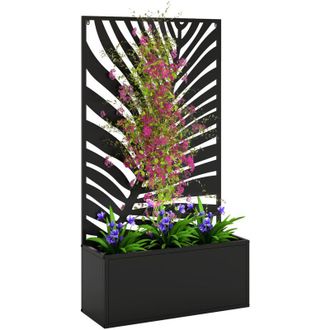 OUTSUNNY Jardini&egrave;re avec treillis - Outsunny - bac &agrave; fleurs avec brise-vue en m&eacute;tal - pour cour, jardin, balcon - 61 x 23 x 113 cm - noir