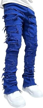 Generic Jean d&eacute;chir&eacute; pour Homme, Pantalon en Denim us&eacute; et d&eacute;lav&eacute;, Style Hip hop d&eacute;contract&eacute;, Bleu, Taille L