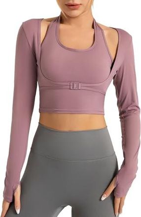 Generic Haut Femme Sport Yoga Court &agrave; Manches Longues Col Halter avec Trous pour Pouces, T-Shirt Fitness Running Respirant