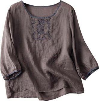 Generic Chemisier boh&egrave;me &agrave; manches courtes en lin pour femme - Chemisier boh&egrave;me paysanne d&eacute;t&eacute; brod&eacute; floral - Tunique printani&egrave;re indienne &agrave; volants pour femme