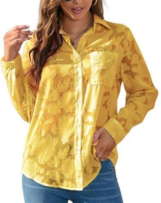 Generic Chemise &agrave; manches longues en mousseline de soie jacquard avec boutons pour femme, imprim&eacute; floral, dentelle, chemisier &agrave; manches longues, jaune, XXL