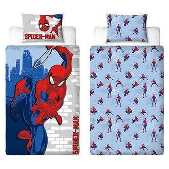 Disney Offiziell Lizenziertes Spiderman-Bettw&auml;sche-Set f&uuml;r Einzelbett, wendbar, 2-seitig, inkl. passendem Kissenbezug, Abenteuer-Design, Einzelbett-Set, Poly
