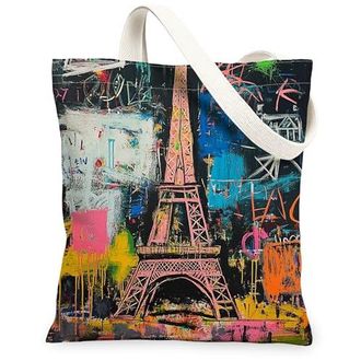 Generic Sacs fourre-tout artistiques vintage en toile, motif tour de Paris color&eacute;e, sacs d&eacute;picerie r&eacute;utilisables, l&eacute;gers et lavables en toile pour le shopping