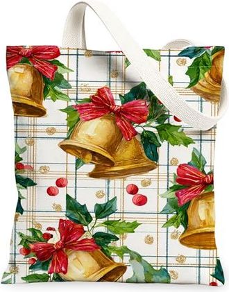 Generic Sacs fourre-tout en toile de vacances, motif cloche et ruban, sacs d&eacute;picerie r&eacute;utilisables, joyeux, l&eacute;gers, lavables en toile F, Blanc, 13x15 Inch