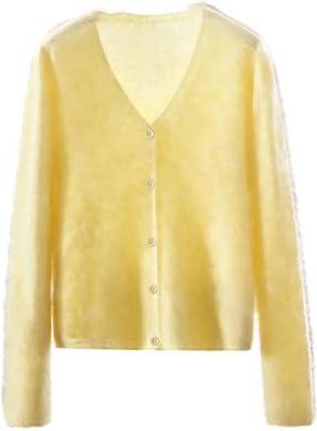 Generic Cardigan en laine de mouton et cachemire sans couture pour femme Col en V Manches longues Tricot &agrave; simple boutonnage, jaune clair, Taille S