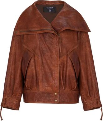 Balmain Femme, Vestes, Brun, Taille: 36 FR Blouson aviateur en peau dagneau