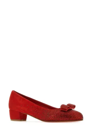 Ferragamo Womens Red Suede Vara Pumps Flamered Scarpe Con Tacco High Heel Shoes