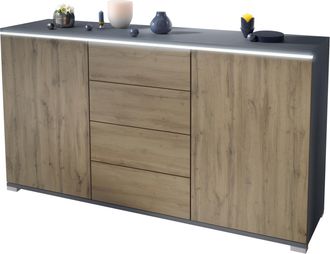Vladon Sideboard Faro V1 - Kommode mit 2 T&uuml;ren & 4 Schubladen, Schrank mit LED Lichtleiste, Anthrazit matt/Eiche Evoke (138,5 x 75,5 x 35)