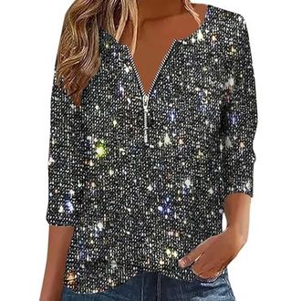 Generico Top scintillant pour femmes UK argent paillet&eacute;, &agrave; la mode demi zip paillettes chemises d&eacute;contract&eacute;es pull-over chemisiers l&eacute;gers rave party top &agrave; manc