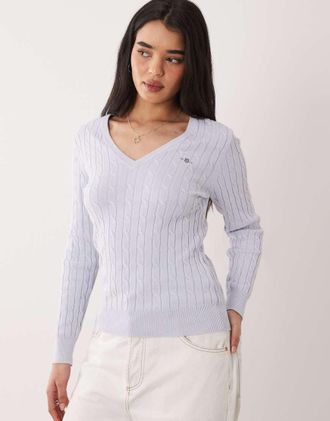 GANT Strickpullover in Babyblau mit V-Ausschnitt und Zopfmuster