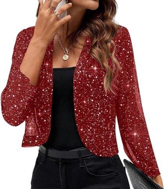 Onsoyours Bol&eacute;ro Femme &Eacute;l&eacute;gant Cardigan Festive Soir&eacute;e Jacke Paillette Gilet L&eacute;ger Manches Longues Blazer Court Ouvert Devant Veste Mince Manteau A Rouge XXL