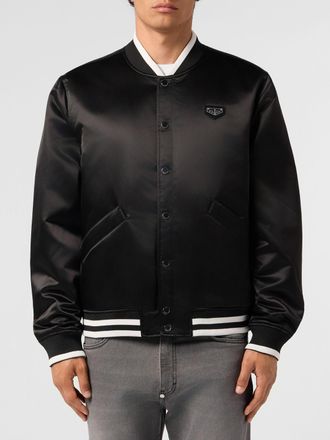 Philipp Plein Blouson aviateur en satin rembourr&eacute; de style universitaire avec fermeture &agrave; boutons
