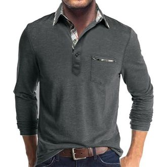Generic Polo Homme Chemise Casual Manches Longues Classique Carreaux Boutonn&eacute; T-Shirt avec Poches, gris, 3XL