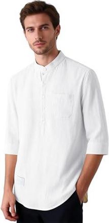 Generic Chemise en lin &agrave; manches 3/4 pour homme, chemise d&eacute;contract&eacute;e unie intelligente Henley d&eacute;contract&eacute;e classique avec poche, hauts &agrave; col tendance, v&ecirc;teme