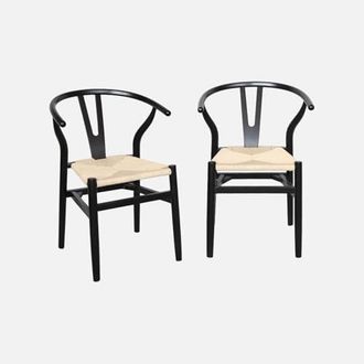 Sweeek Lot de Deux chaises Vintage Noires en Bois dh&eacute;v&eacute;a avec Assise en Cordes et Dossier Arrondi