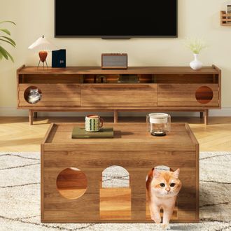 Generic TV-Schrank Couchtisch Set mit Katzenkorb Lowboard mit LED Glast&uuml;ren Schublade Unterschrank f&uuml;r Wohnzimmer Schlafzimmer Haustier M&ouml;bel Tisch Holzfarbe 