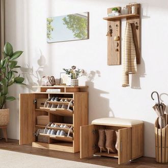 Generic Mural Vestibule Set - Kompletter Kleiderschrank mit Sofa, Bank und Schuhaufbewahrung - 4 Paterae, 5 T&uuml;ren - Nat&uuml;rliche Verarbeitung - Ma&szlig;e 140 x 35 x 