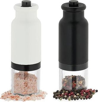 Relaxdays Salz und Pfeffermühle 2er Set, Kunststoff, Keramikmahlwerk, elektrische Chilimühlen, für Gewürze, weiß/schwarz