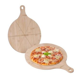 Relaxdays Pizzateller, 2er Set, Bambus, &Oslash; 33 cm, Servierbrett f&uuml;r Pizza, Flammkuchen, K&auml;se, rundes Pizzabrett, natur