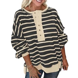 Generic Sweat-shirt ray&eacute; surdimensionn&eacute; - Tricot gaufr&eacute; | Tunique d&eacute;contract&eacute;e &agrave; manches longues boutonn&eacute;e - Pour un usage quotidien, gris fonc&eacute;, XL