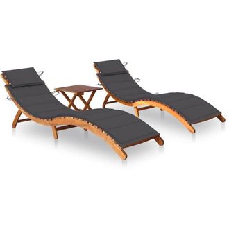 vidaXL The Living Store Sonnenliegen 2 Stk. mit Tisch und Auflagen Massivholz Akazie - Sonnenliegen - Gartenm&ouml;bel - Holzsessel - Outdoor M&ouml;bel - Balkonm&ouml;bel