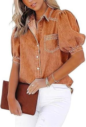 Generic Chemise en jean &agrave; manches courtes pour femme, style d&eacute;contract&eacute;, d&eacute;lav&eacute;, manches bouffantes et boutonn&eacute;es, chemisier en jean 2026, nouveau travail daf