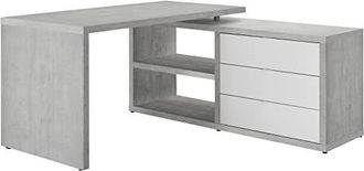 Composad Schreibtisch mit Eckmontagemöglichkeit mit drei Schubladen und zwei Einlegeböden, weiß glänzend und Betonfarbe, 140 x 74,2 x 150 cm