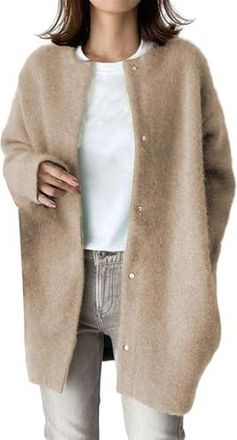 Generic Cardigan long en laine pour femme avec poches avant et revers chaud, kaki, XXL
