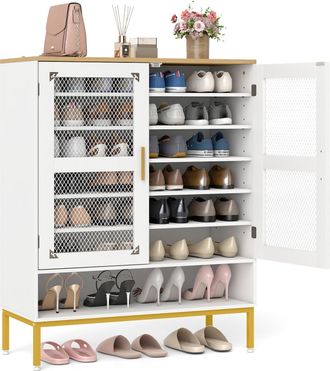 Costway GOPLUS Schuhschrank, schuhkommode mit 6 h&ouml;henverstellbaren Ebenen und Mesh-T&uuml;ren, Aufbewahrungsschrank mit angehobenen Beinen, f&uuml;r Eingangsbereich und