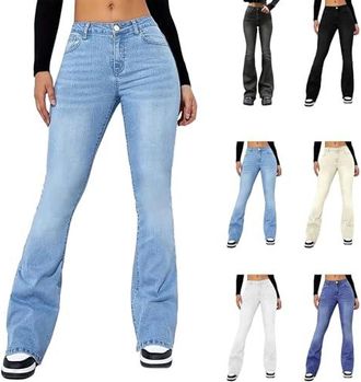 Generic Jean moulant évasé pour femme - Jean délavé - Jean élégant à boutons tendance - Pantalon bootleg rétro déchiré extensible - Jeggings Y2K - Streetwear 
